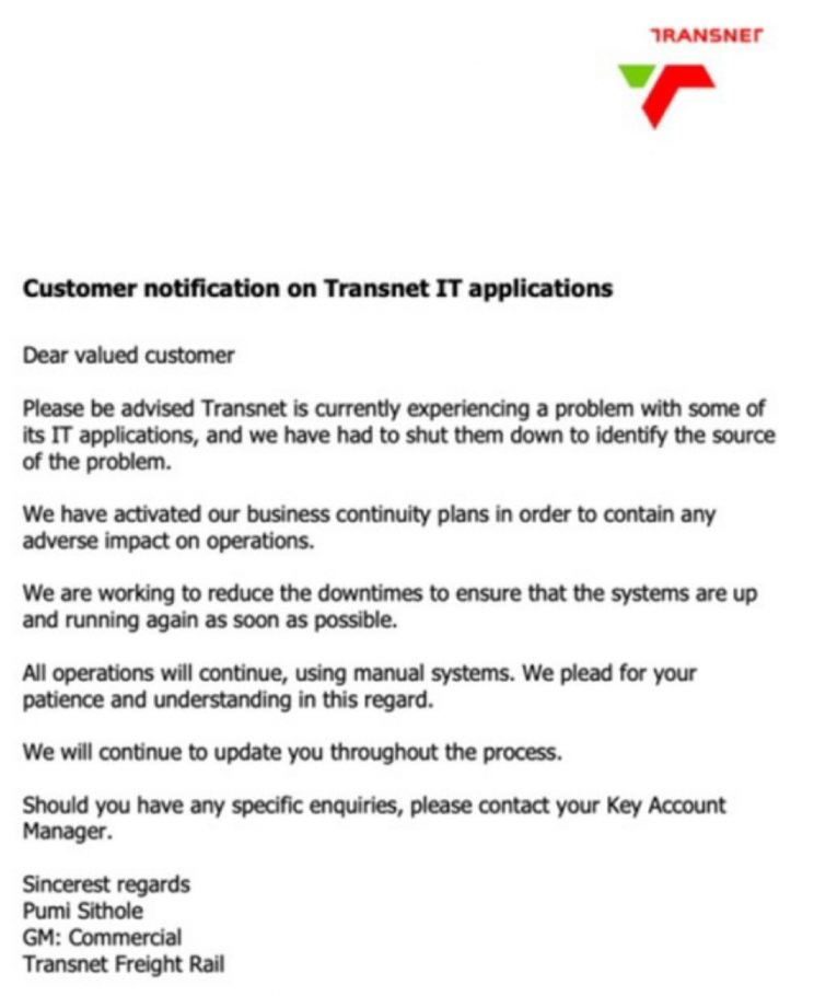 Cyber hack hits Transnet’s operations - Moneyweb