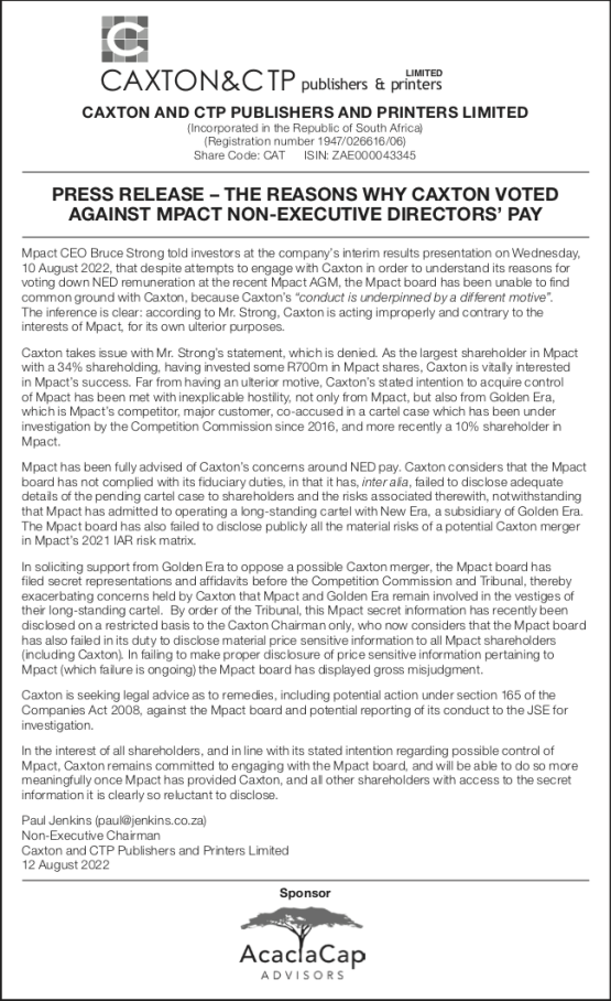 Tensions between Caxton and Mpact boil over - Moneyweb