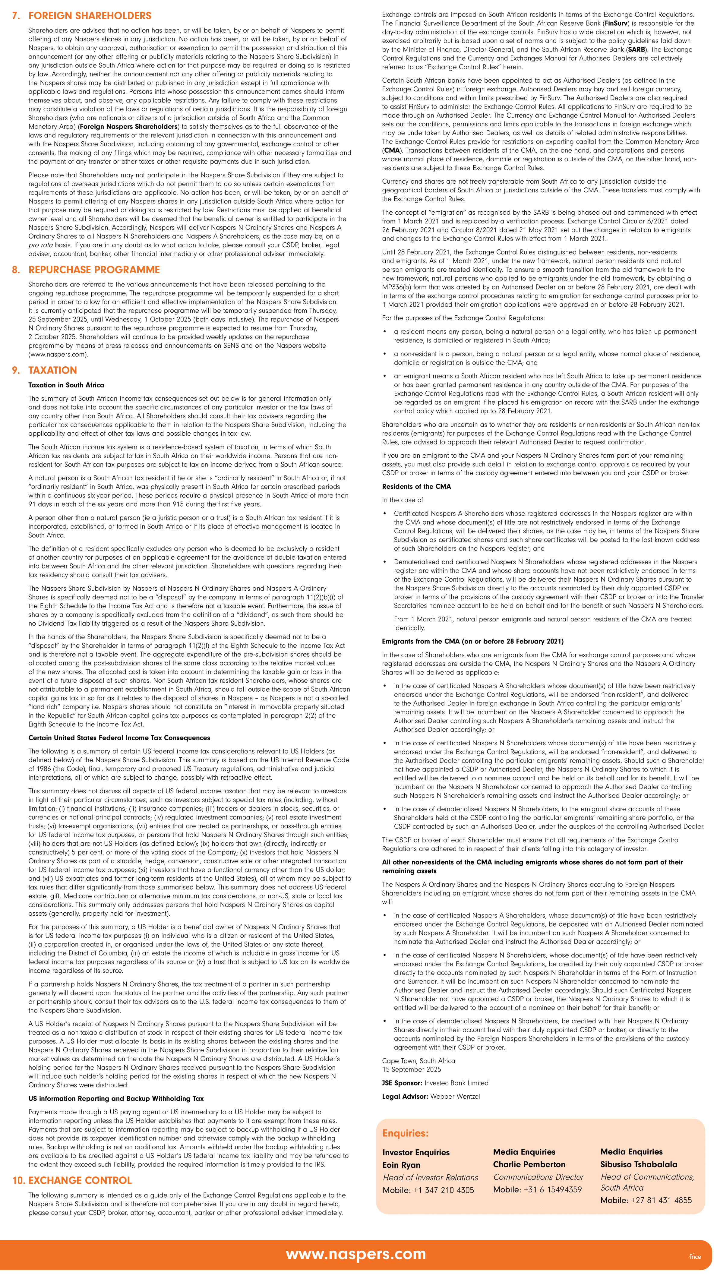 Naspers shares to split 5 to 1 - Moneyweb