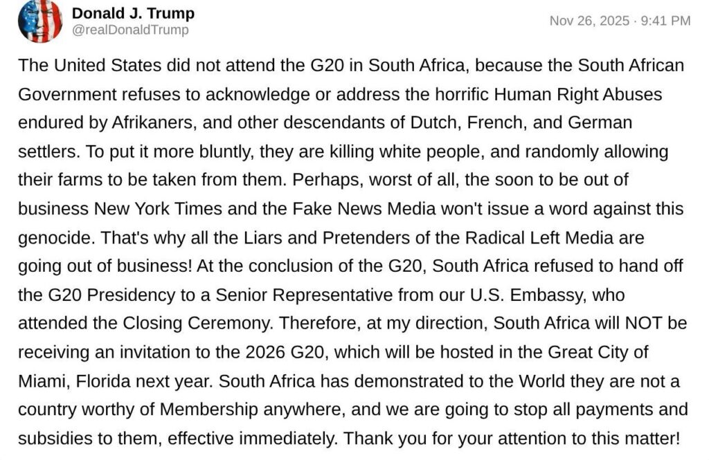 Belligerent Trump bars SA from US G20 in 2026 - Moneyweb