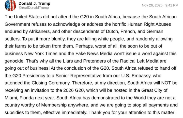 Belligerent Trump bars SA from US G20 in 2026 - Moneyweb